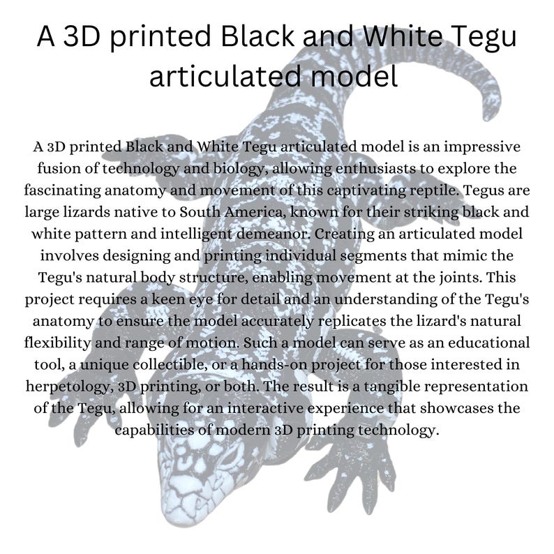 3D Articulated Black and White Tegu Realistic 3D Printed Reptile Toy ...
