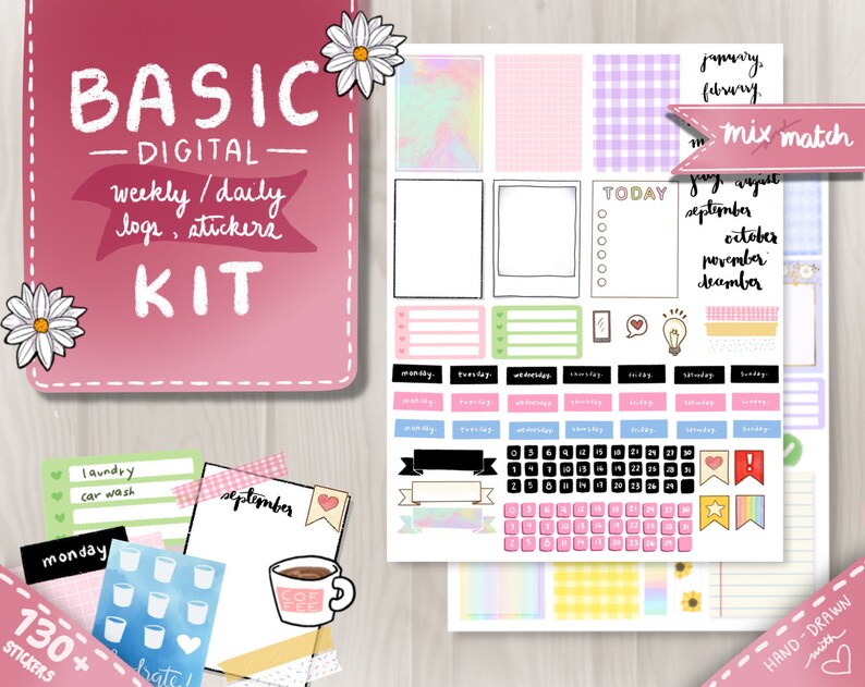 Basic Digital Bujo Stickers Kit, Digital Planner Clip Art, Sticky Notes ...
