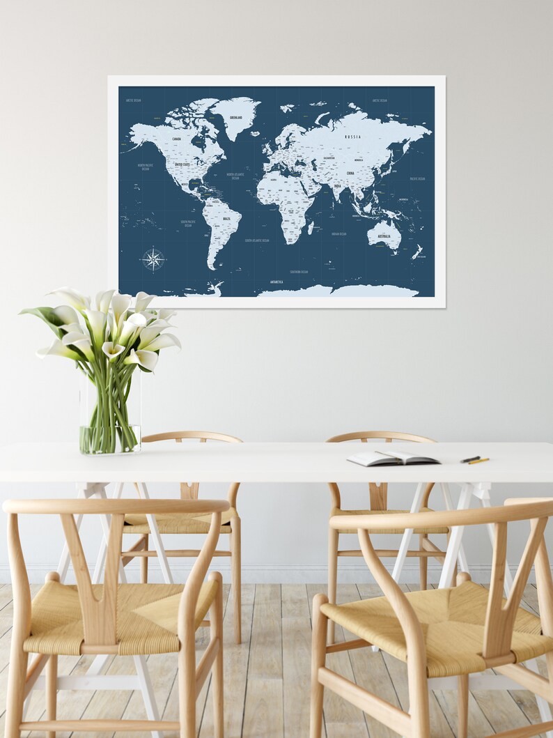 World Map Poster | Blue Travel Map Wall Poster | Cities, Rivers, Lakes ...