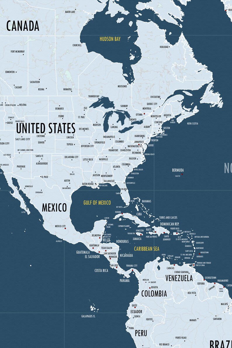 World Map Poster Blue Travel Map Wall Poster Cities - Etsy