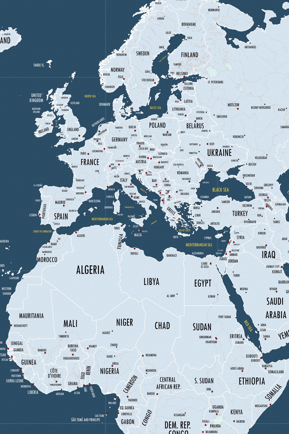 World Map Poster Blue Travel Map Wall Poster Cities - Etsy