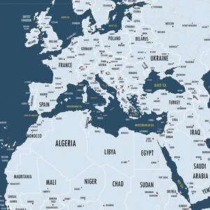 World Map Poster | Blue Travel Map Wall Poster | Cities, Rivers, Lakes ...