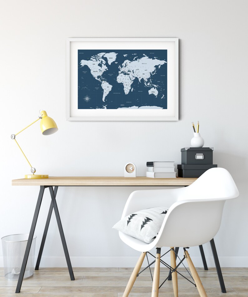 World Map Poster | Blue Travel Map Wall Poster | Cities, Rivers, Lakes ...