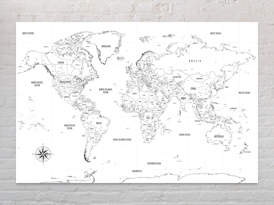 Black And White World Map With Countries Labeled