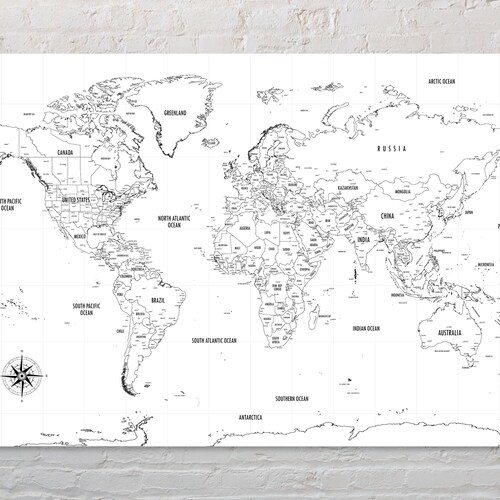 World Wall Map Classic Black & White Poster - Etsy