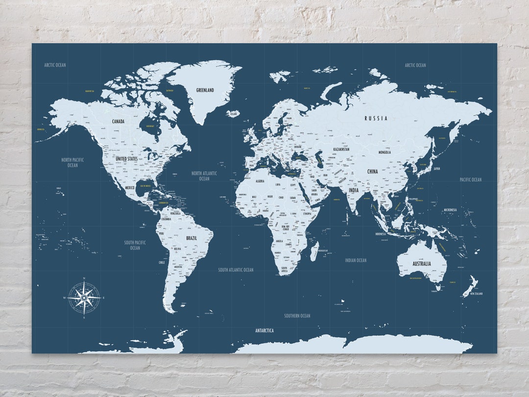 World Map Poster | Blue Travel Map Wall Poster | Cities, Rivers, Lakes ...