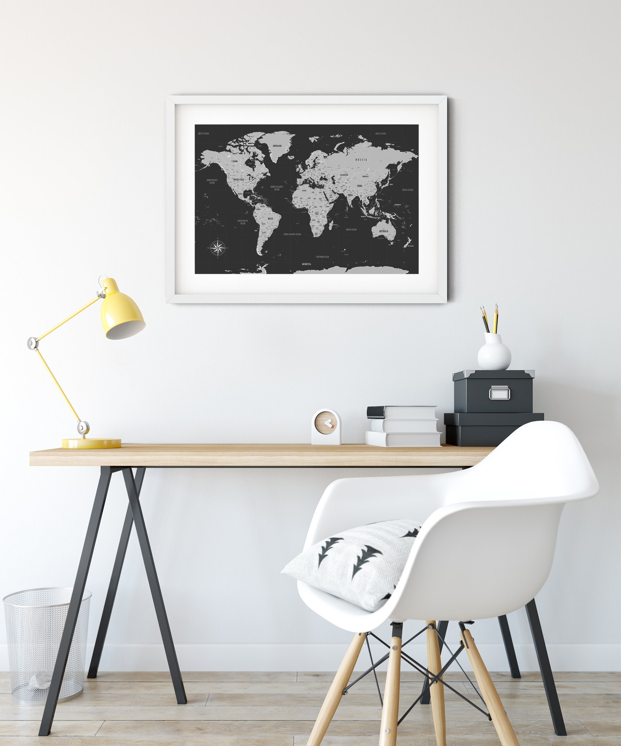 World Map Poster Gray Travel Map Wall Poster Cities - Etsy