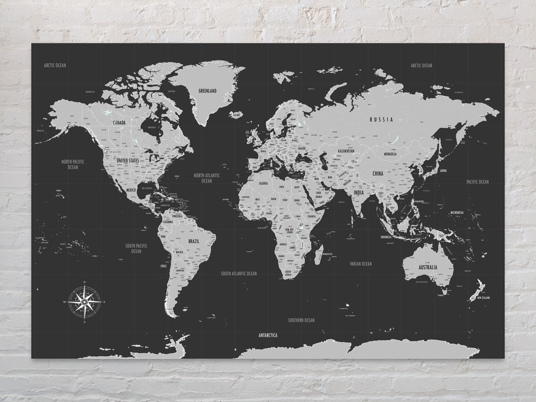 World Map Poster | Gray Travel Map Wall Poster | Cities, Rivers, Lakes ...