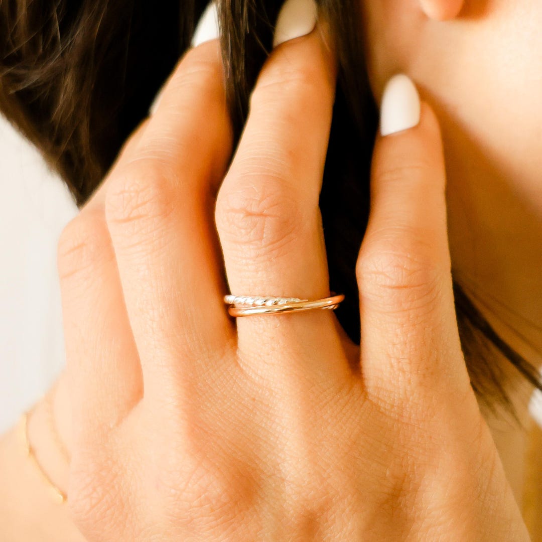 Mixed Metal Interlocking X Double Ring – Sterling Silver & 14K Gold ...