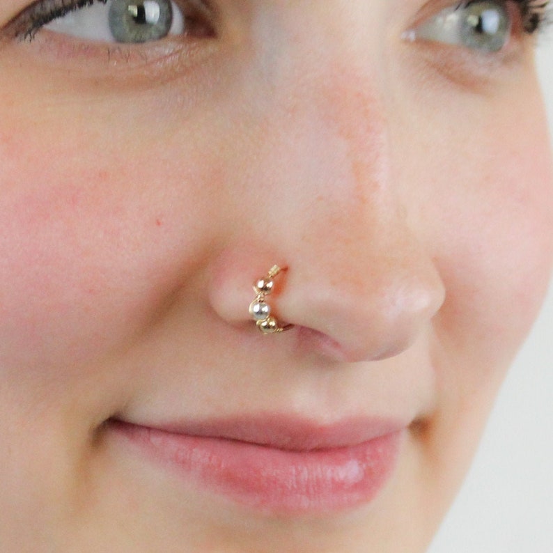 14K Rose Gold Filled Seamless Nose Hope Ring With 3 Beads | Etsy