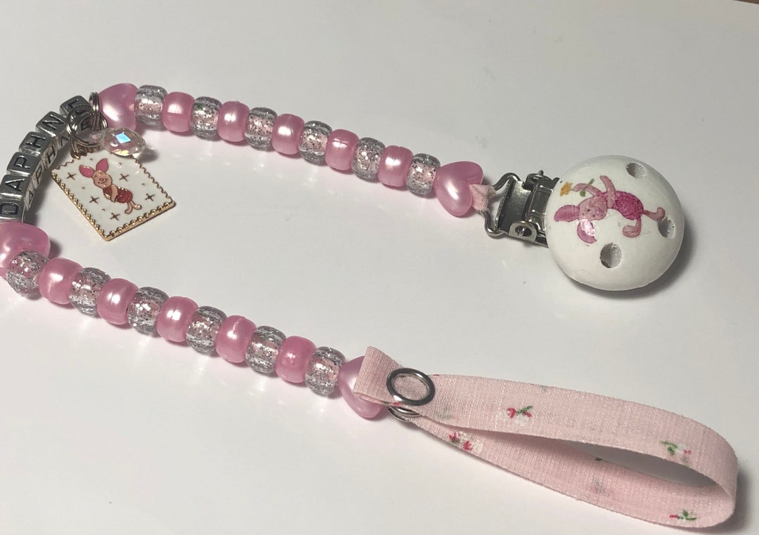New! Beautiful Pink Piglet Personalised Dummy Pacifier Clip With Cotton ...
