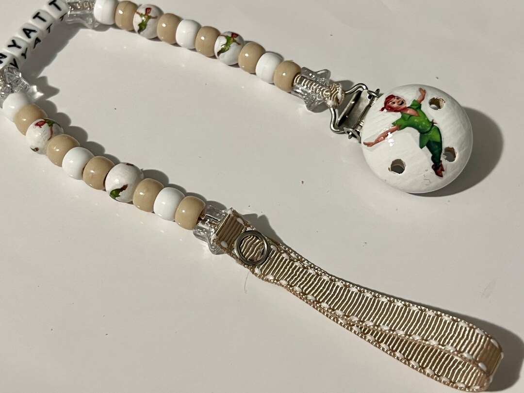 New! Beige Peter Pan Personalised Dummy Pacifier Clip With Peter Pan ...