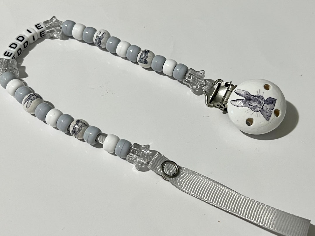 New Beautiful Grey Peter Rabbit Personalised Dummy Pacifier Clip With ...