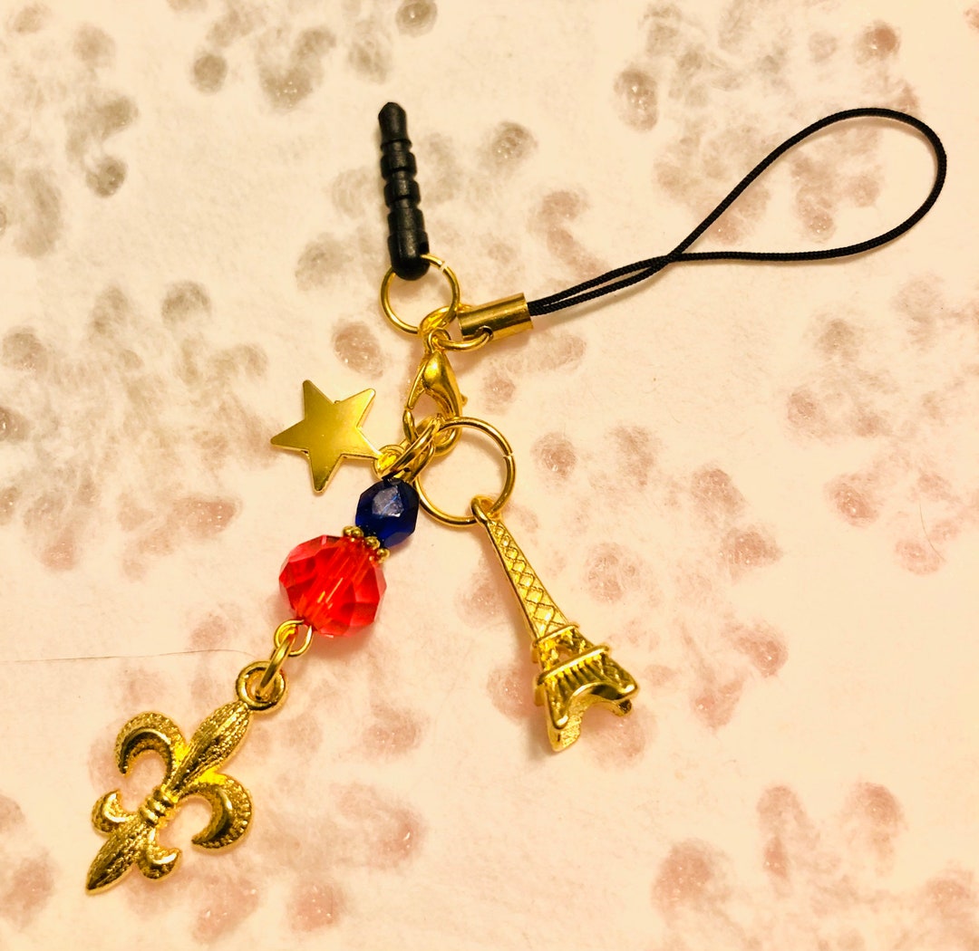 Gold Eiffel Tower, Fleur De Lis, Paris Phone Charm W Red Blue Beads ...
