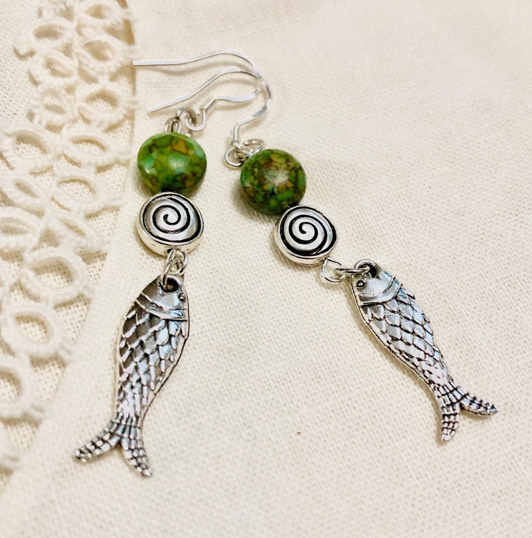 Silver Fish Charm Earrings W Emerald Green Imperial Jasper Beads for ...