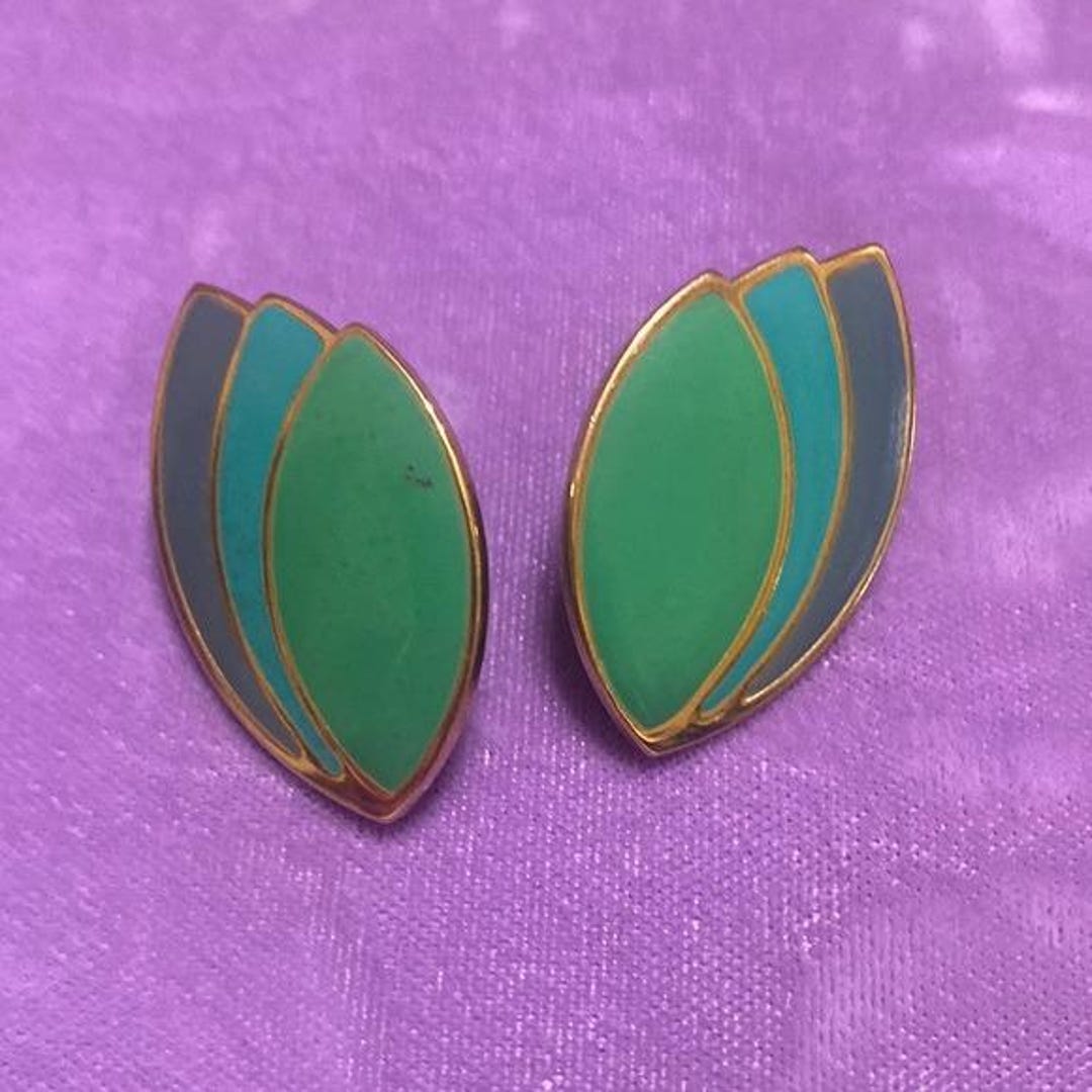 Vintage Ear Rings , Green Enamel With Gold Trim . - Etsy