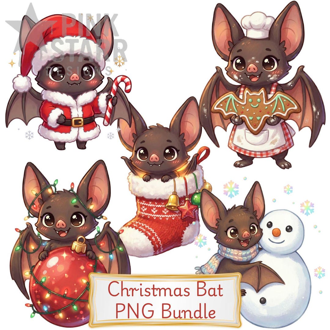 Kawaii Christmas Bat PNG Bundle – Holiday Bat Clipart – Festive ...