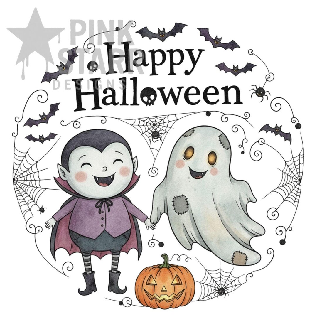 Whimsical Vampire and Ghost Halloween PNG | Storybook Watercolor Design ...