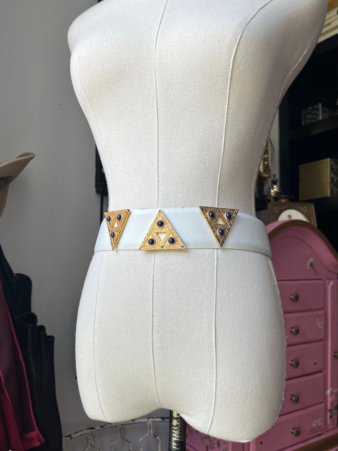 Vintage 80s Bob Mackie White Leather Belt | 1980s Gold Triangle ...