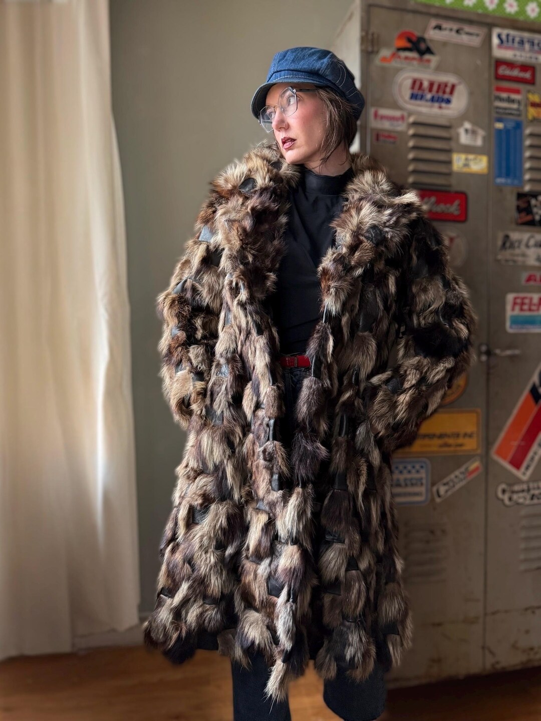 Vintage 70s Patchwork Fur & Leather Coat | Long Woven Rabbit Pelt ...
