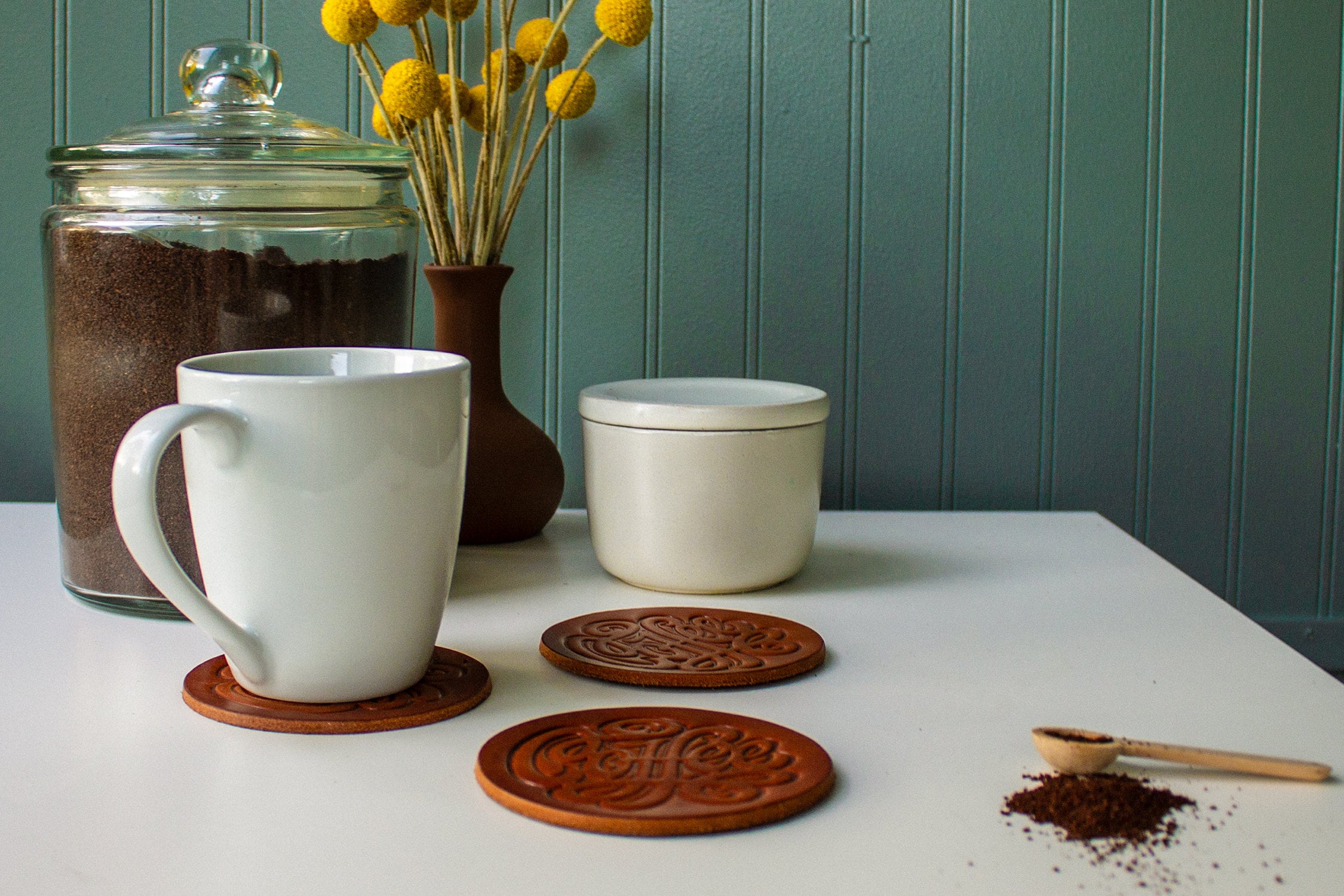 Leather Coffee Coasters - Custom Hand Lettered Coffee Design Embossed ...