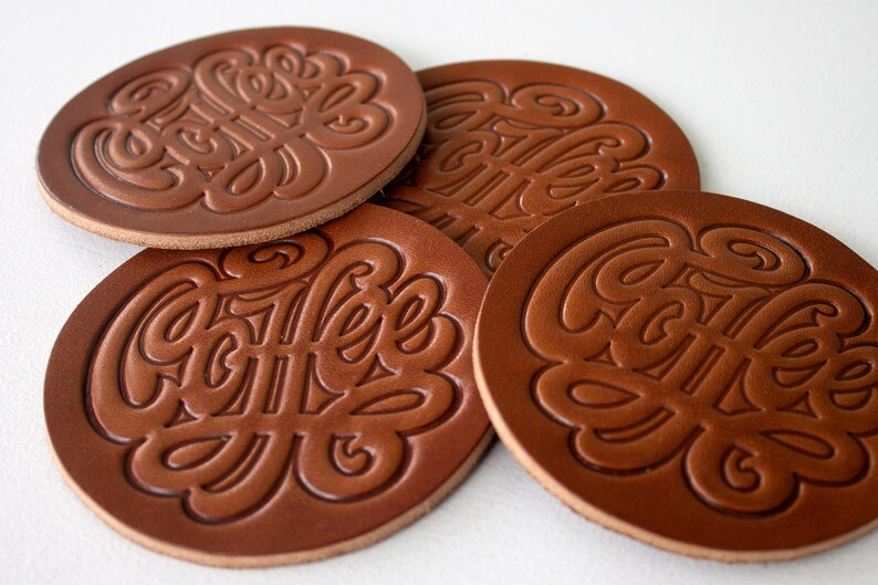 Leather Coffee Coasters - Custom Hand Lettered Coffee Design Embossed ...