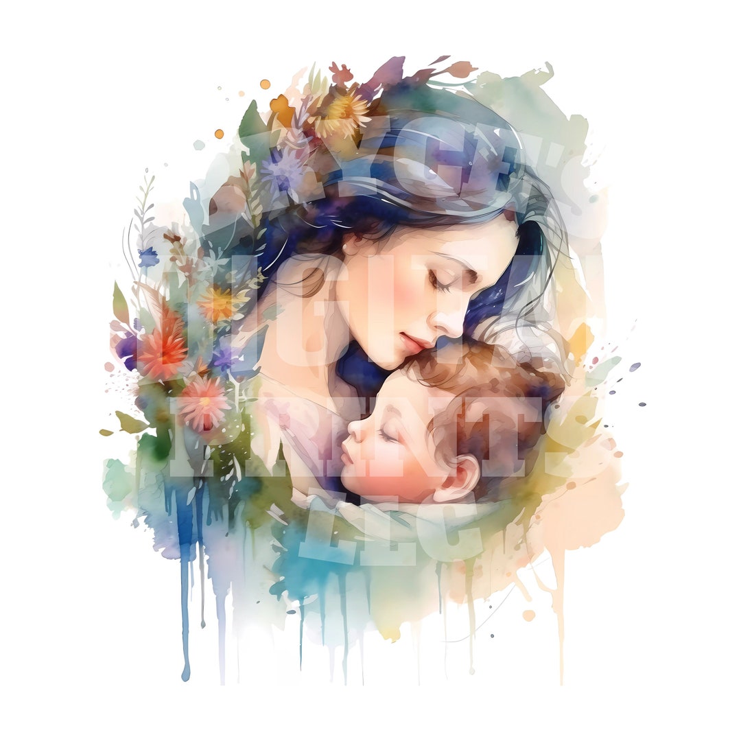 Watercolor Mother and Child, Digital Download, Mom and Child Clipart ...