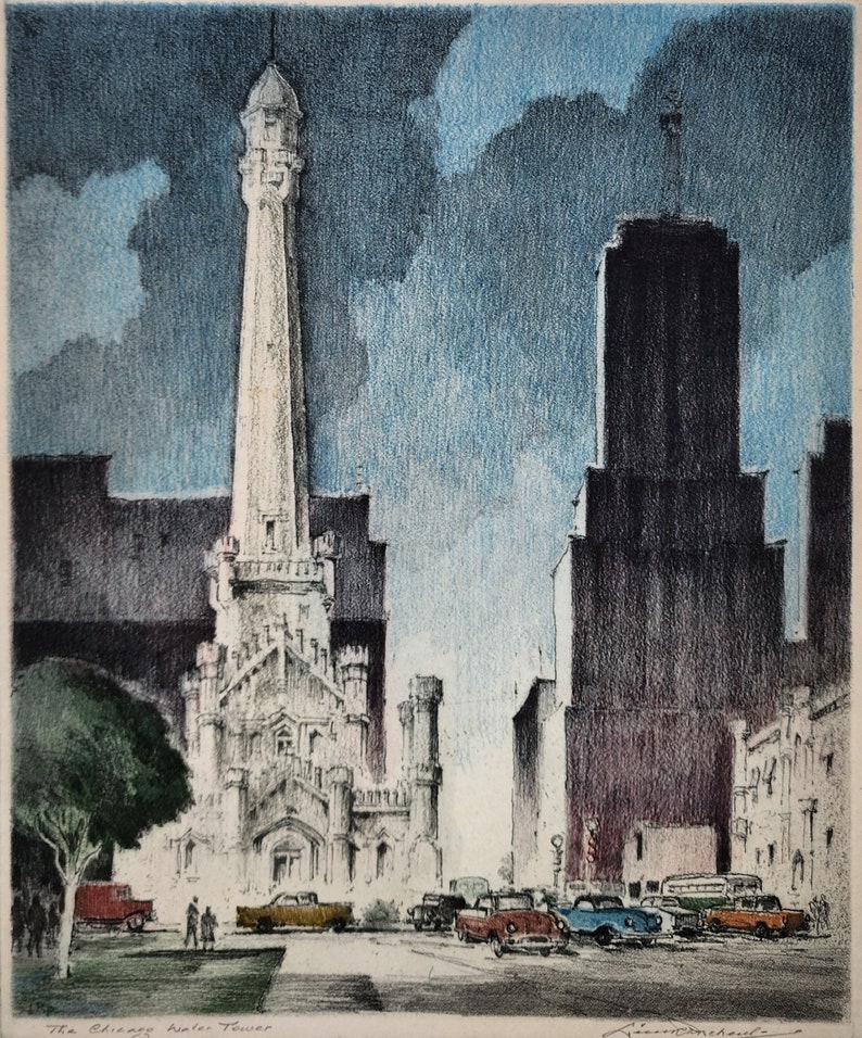 Leon Rene Pescheret, Chicago Water Tower, 1930s Etching Aquatint ...