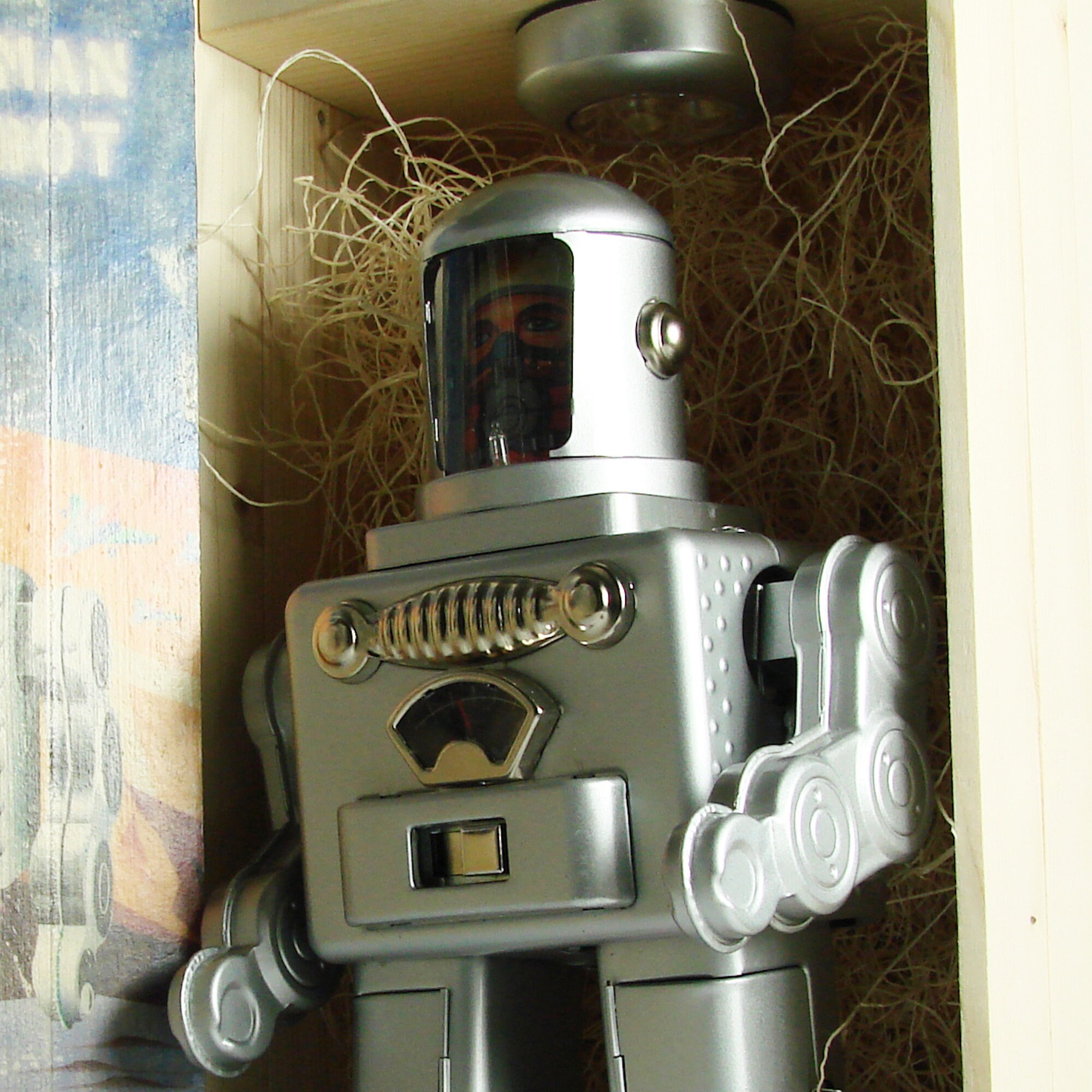 Astro Spaceman Robot in 15 Light up Wood Display Box Crate One of a ...