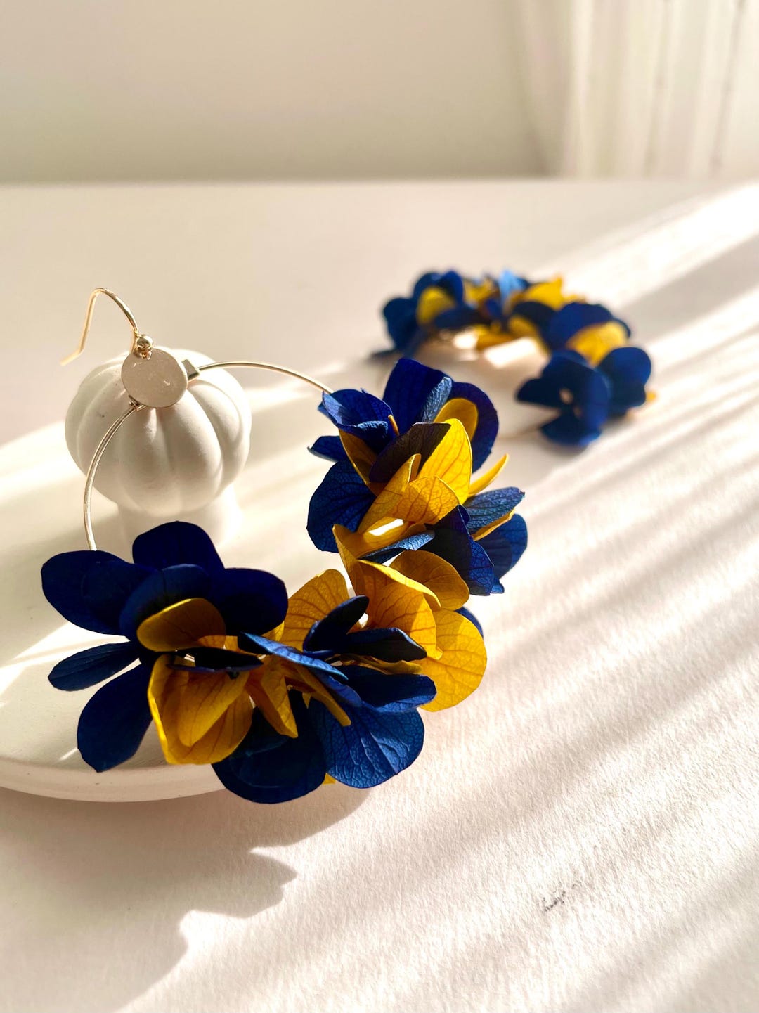 Preserved Flower Earrings -- ROMY Navy Blue Yellow - Etsy