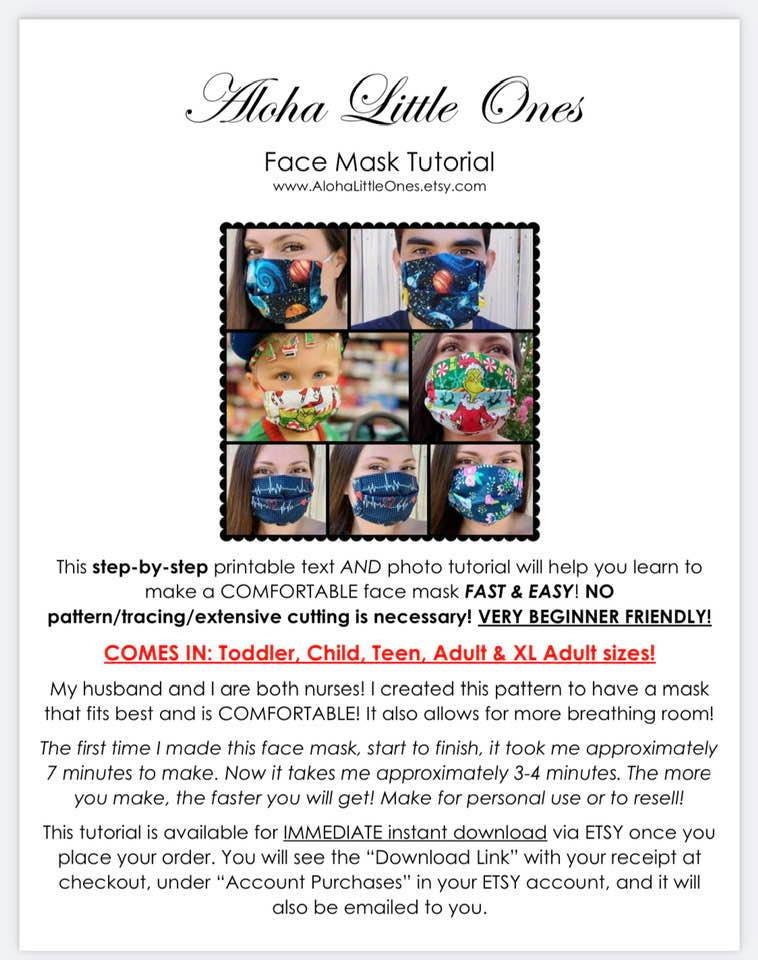 5 SIZES Beginner Pattern Easy Face Mask Tutorial Quick - Etsy