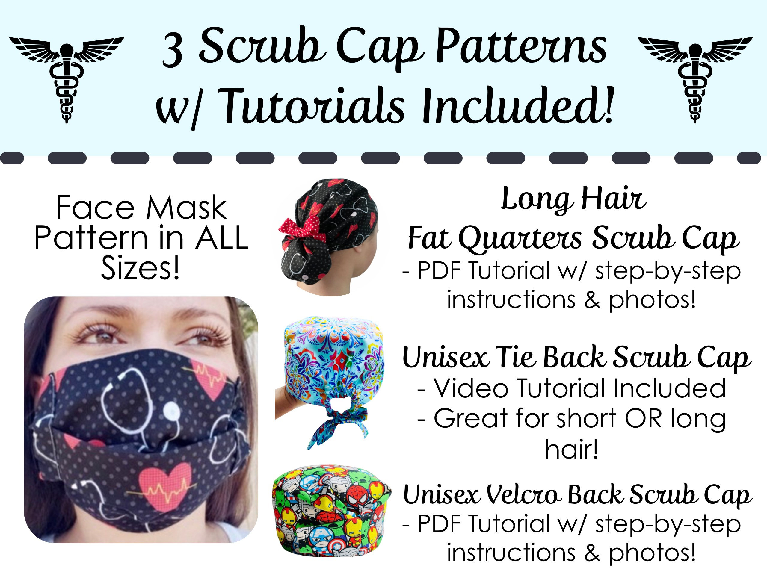 Unisex Scrub Caps & Mask Bundle Sewing Patterns With PDF or VIDEO ...