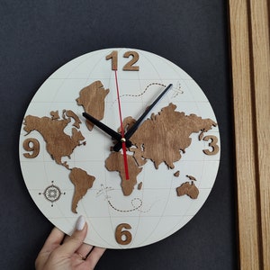 Unique Wall Clock With Map of the World, Wooden Wall Clock, Travel ...