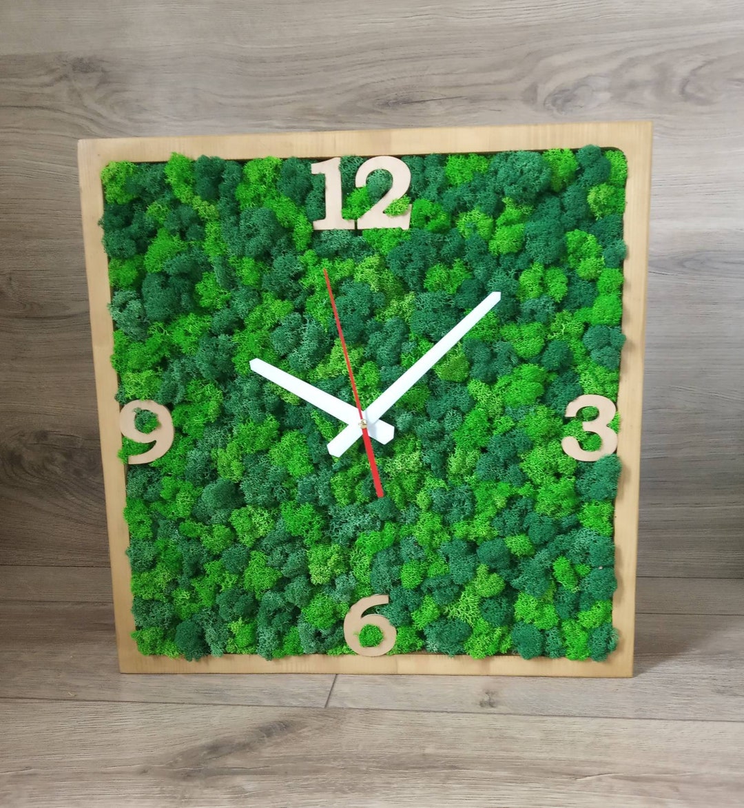 Modern Square Clock With Preserved Moss, Personalized Wooden Moss Wall ...