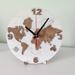 Unique Wall Clock With Map of the World, Wooden Wall Clock, Travel ...