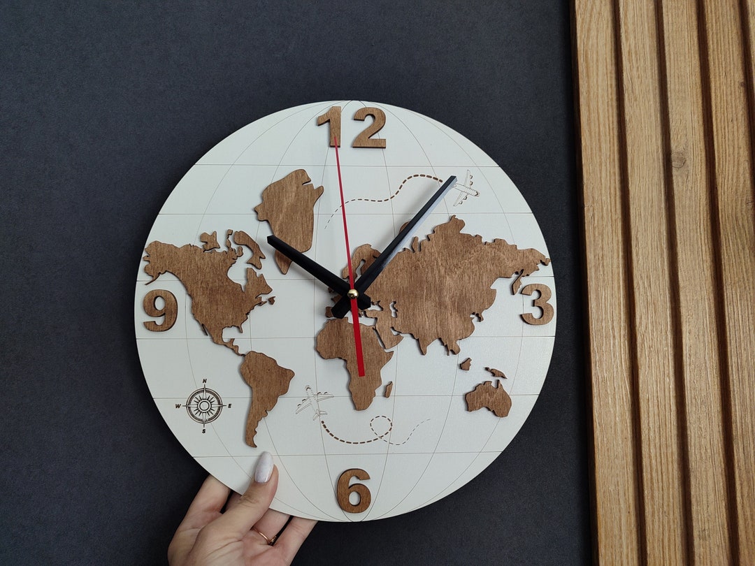 Unique Wall Clock With Map of the World, Wooden Wall Clock, Travel ...