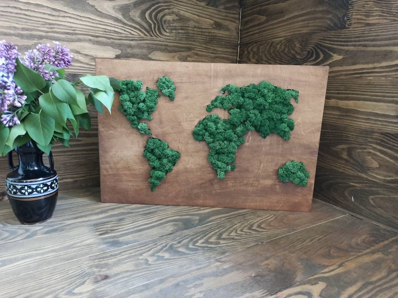 Moss World Map Wooden Wall Map World Map Office Wall Decor - Etsy