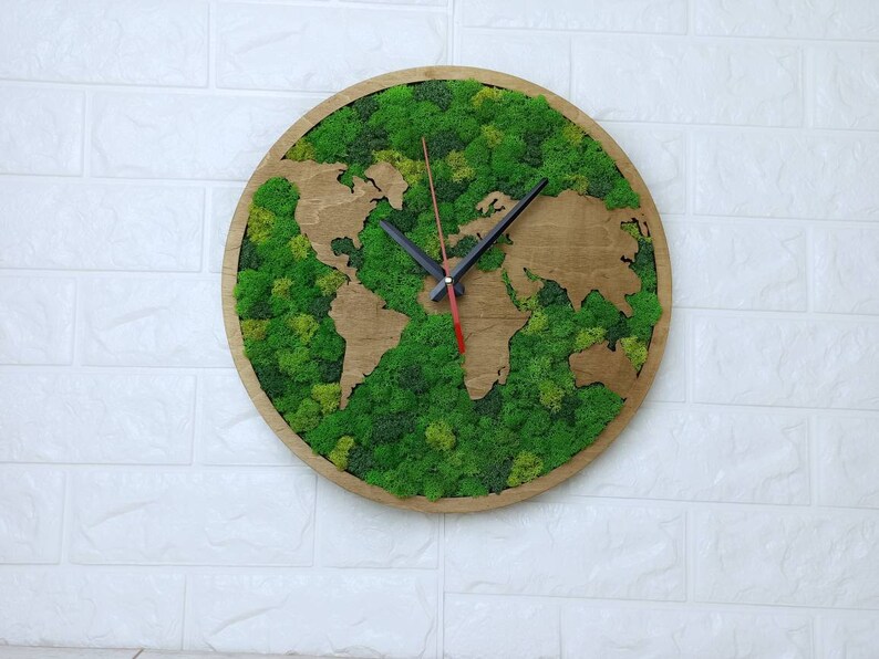 Moss wall clock World map clock Preserved moss Large wall | Etsy