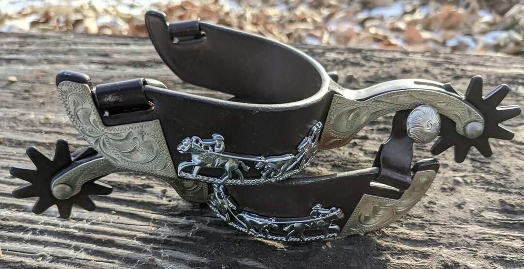 Western Spurs Brown Iron and Silver Team Roping Motif Mens Espuelas ...