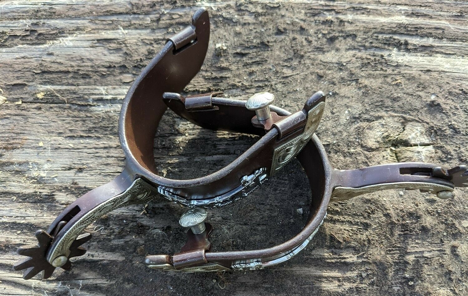 Western Spurs Brown Iron and Silver Team Roping Motif Mens Espuelas ...