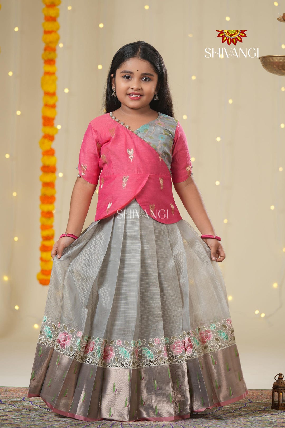 Shivangi Clothing Grey Kota Creeper Traditional Pattu Pavadai for Girls ...