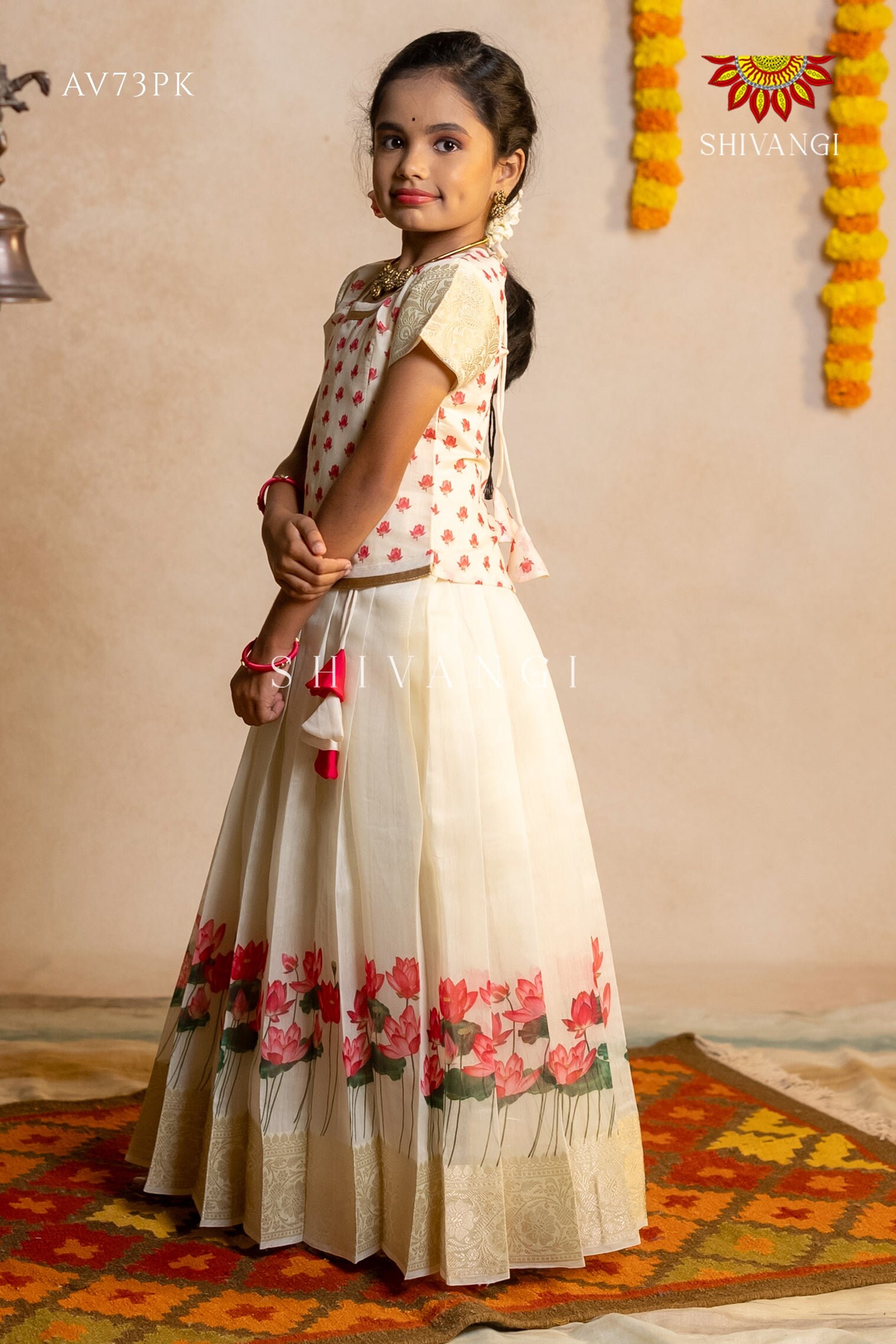 Onam Collection Half White Onam Pink Lotus Pattu Pavadai - Etsy