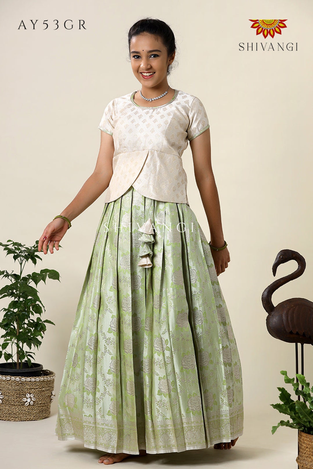 Shivangi Green Pastel Rose Pattu Pavadai for Girls Festive - Etsy