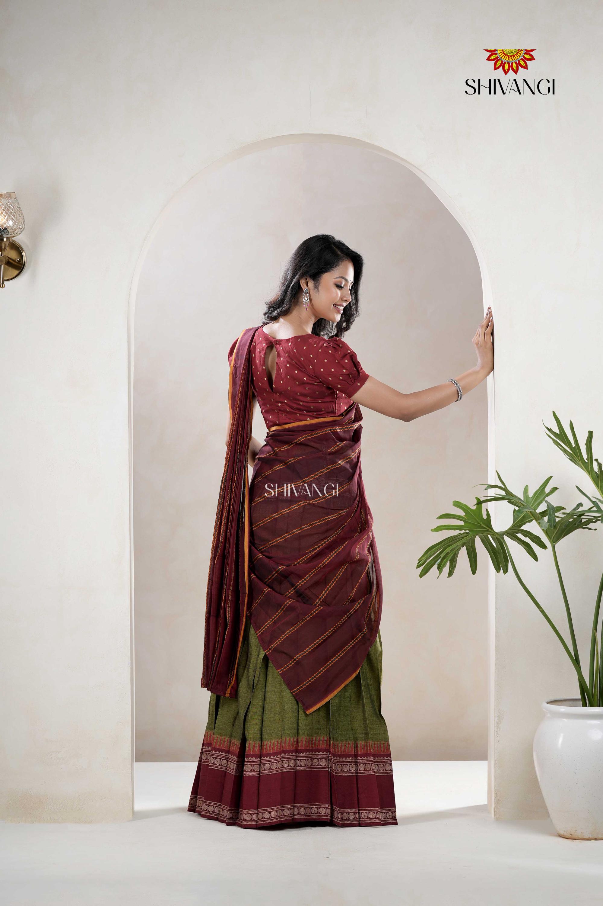 Shivangi Clothing Traditional Green Cotton Sunset Half Saree | Lehenga ...