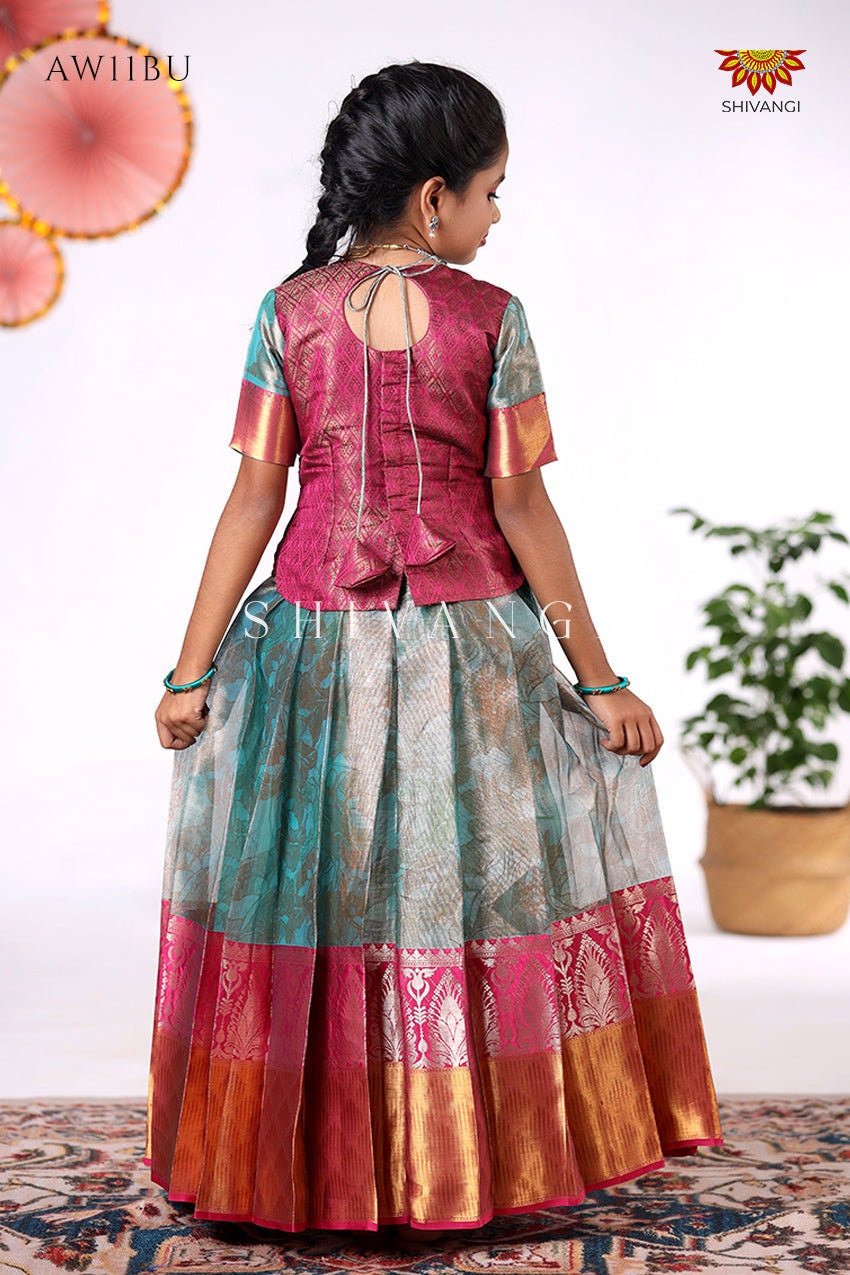 Girls Vintage Rose Pattu Pavadai in Blue Festive Wear - Etsy