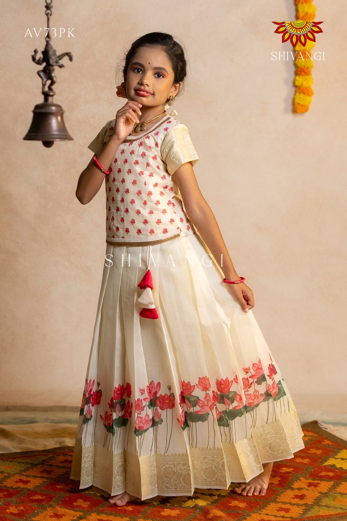 Onam Collection Half White Onam Pink Lotus Pattu Pavadai - Etsy