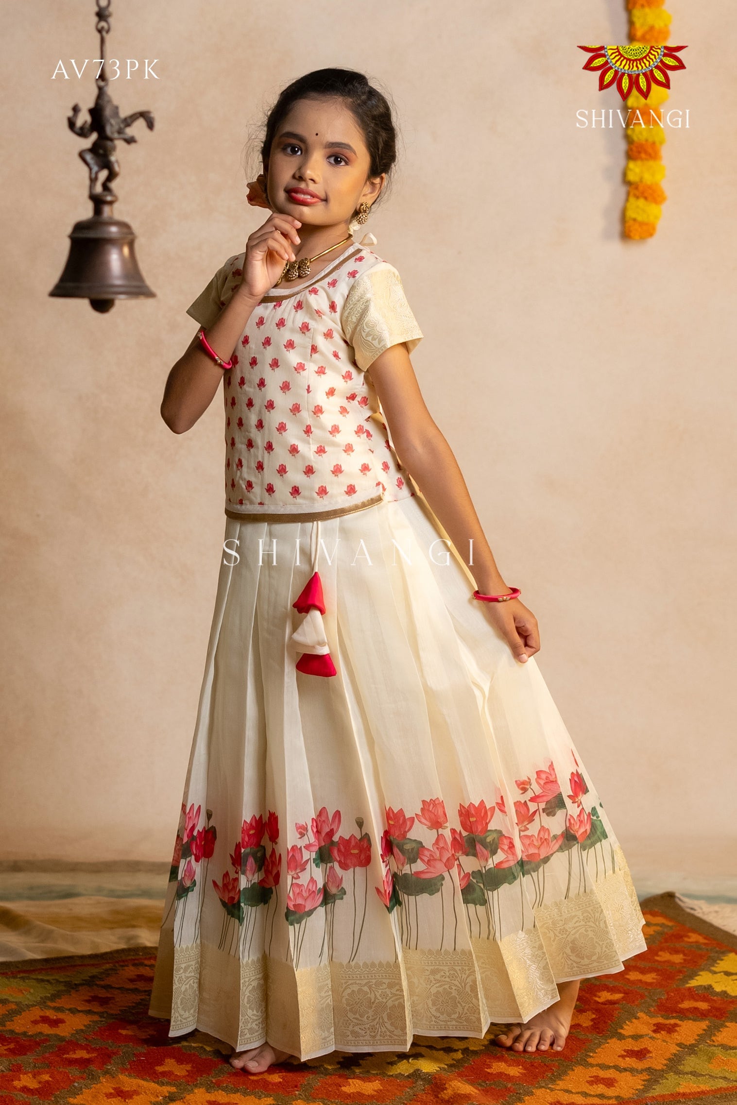 Onam Collection Half White Onam Pink Lotus Pattu Pavadai - Etsy