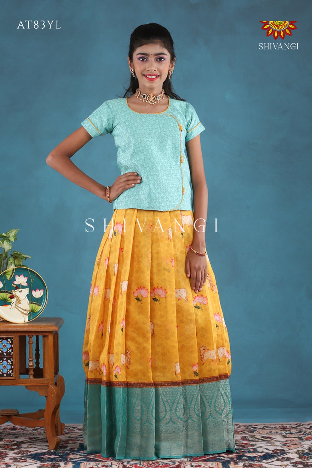 Yellow Pichwai Lotus Pattu Pavadai for Girls - Etsy