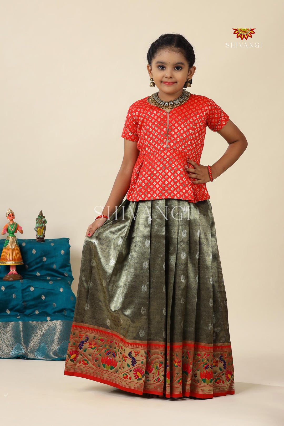Shivangi Clothing Grey Paithani Parakeet Pattu Pavadai for Girls - Etsy