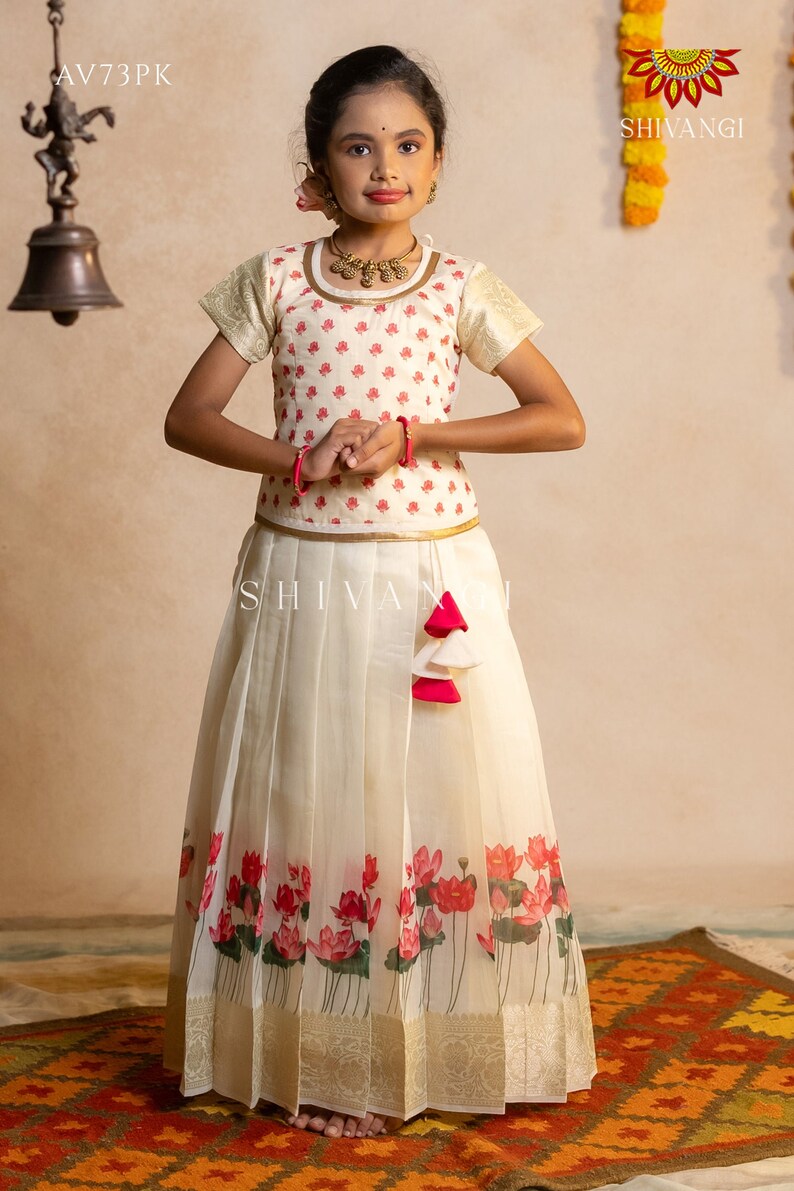 Onam Collection Half White Onam Pink Lotus Pattu Pavadai - Etsy